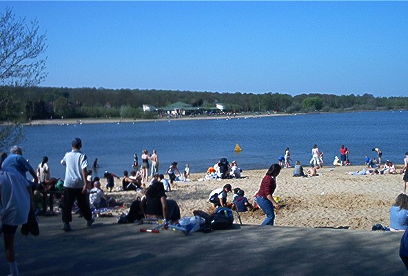 Looking over Ruislip Lido beach on a sunny day